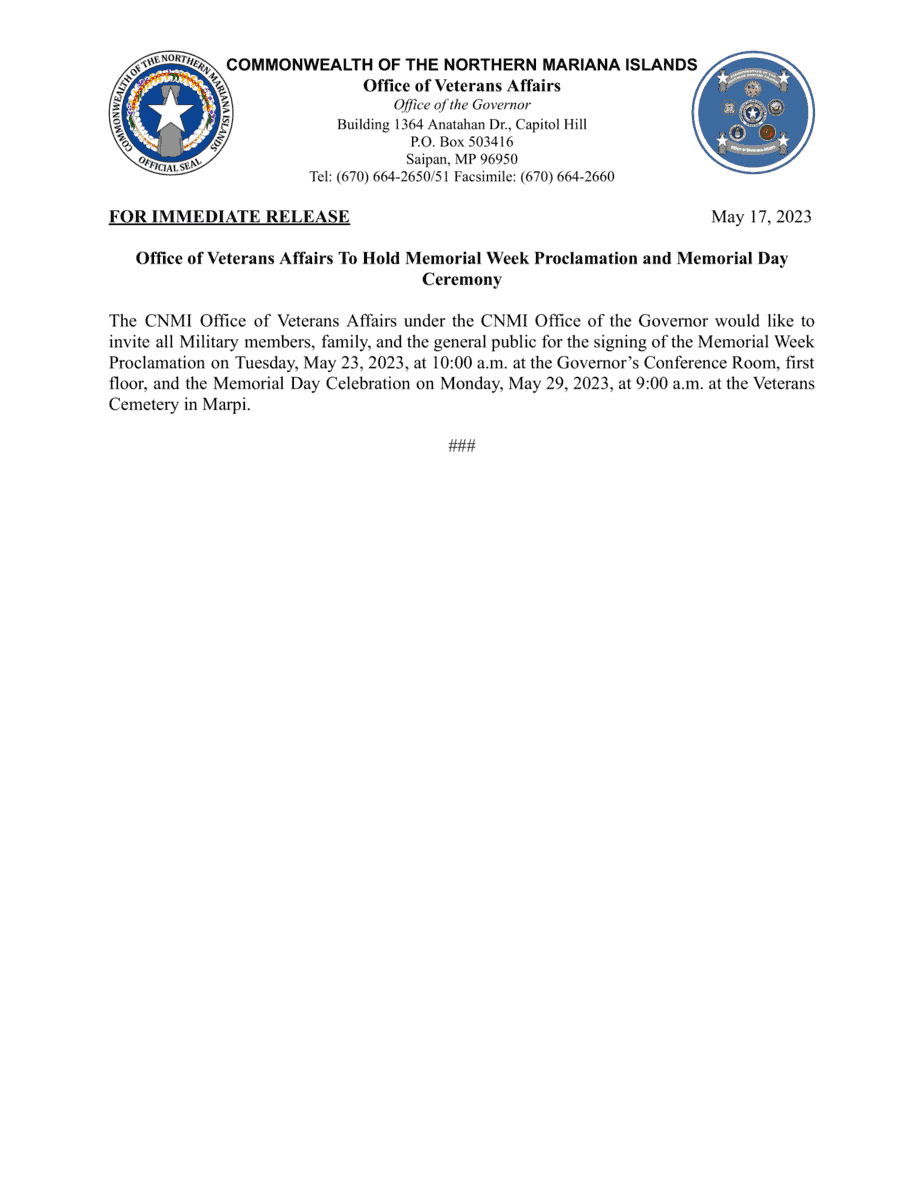 Office of Veterans Affairs To Hold Memorial Week Proclamation and ...